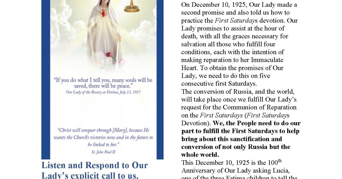 First Saturday Devotional | St. Isidore Catholic Church